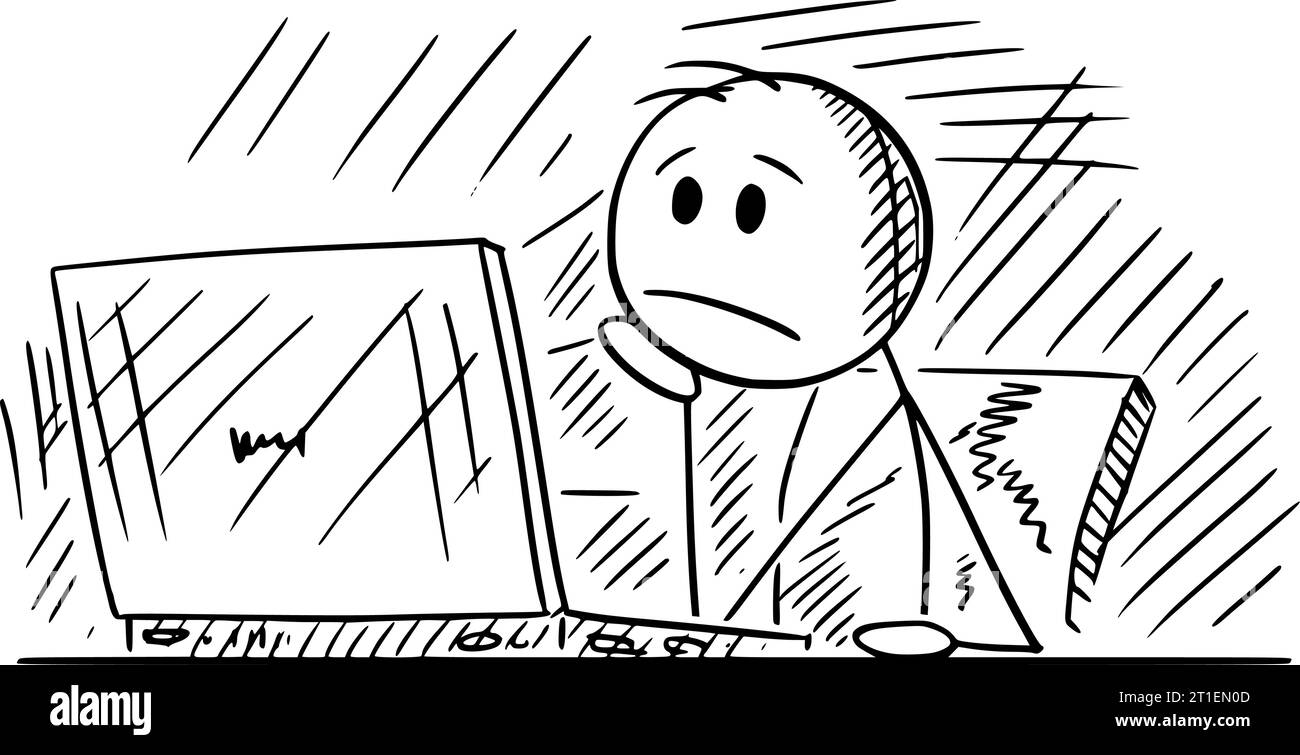 Frustrated Office Worker Working on Computer, Vector Cartoon Stick ...