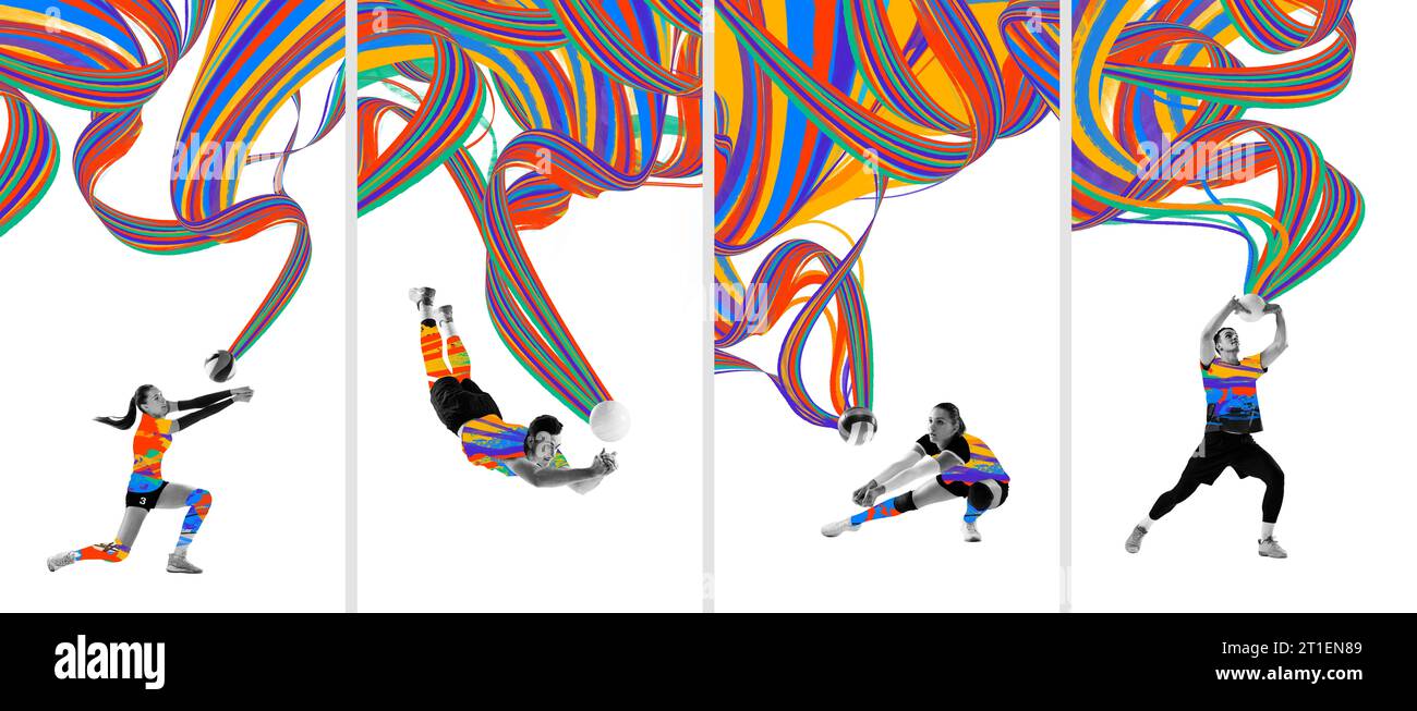 Young man and women, professional handball player in motions during ...