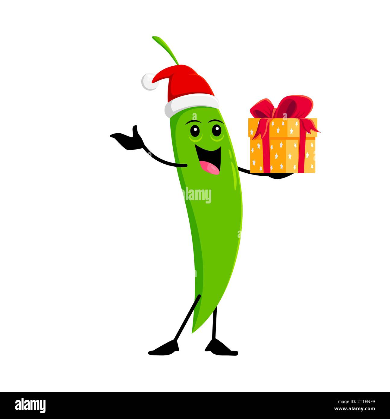Cartoon green pea vegetable character with gift. Isolated vector ...
