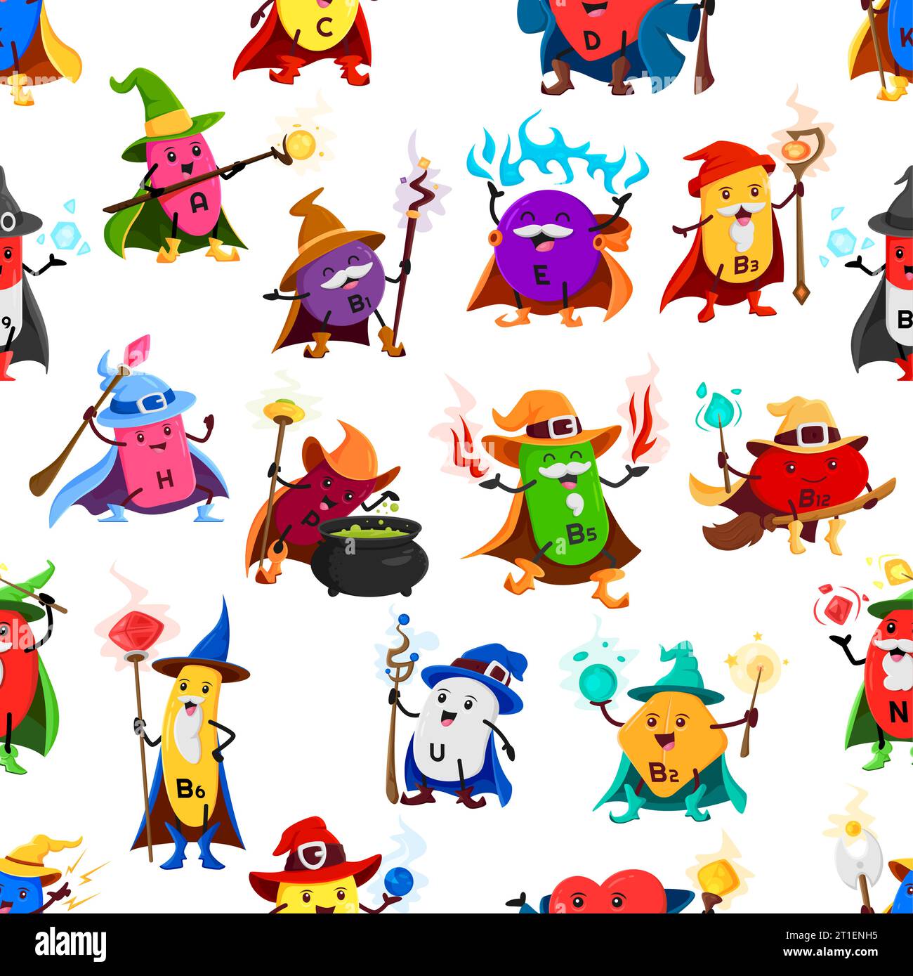 Cartoon vitamin and micronutrient wizard characters seamless pattern ...