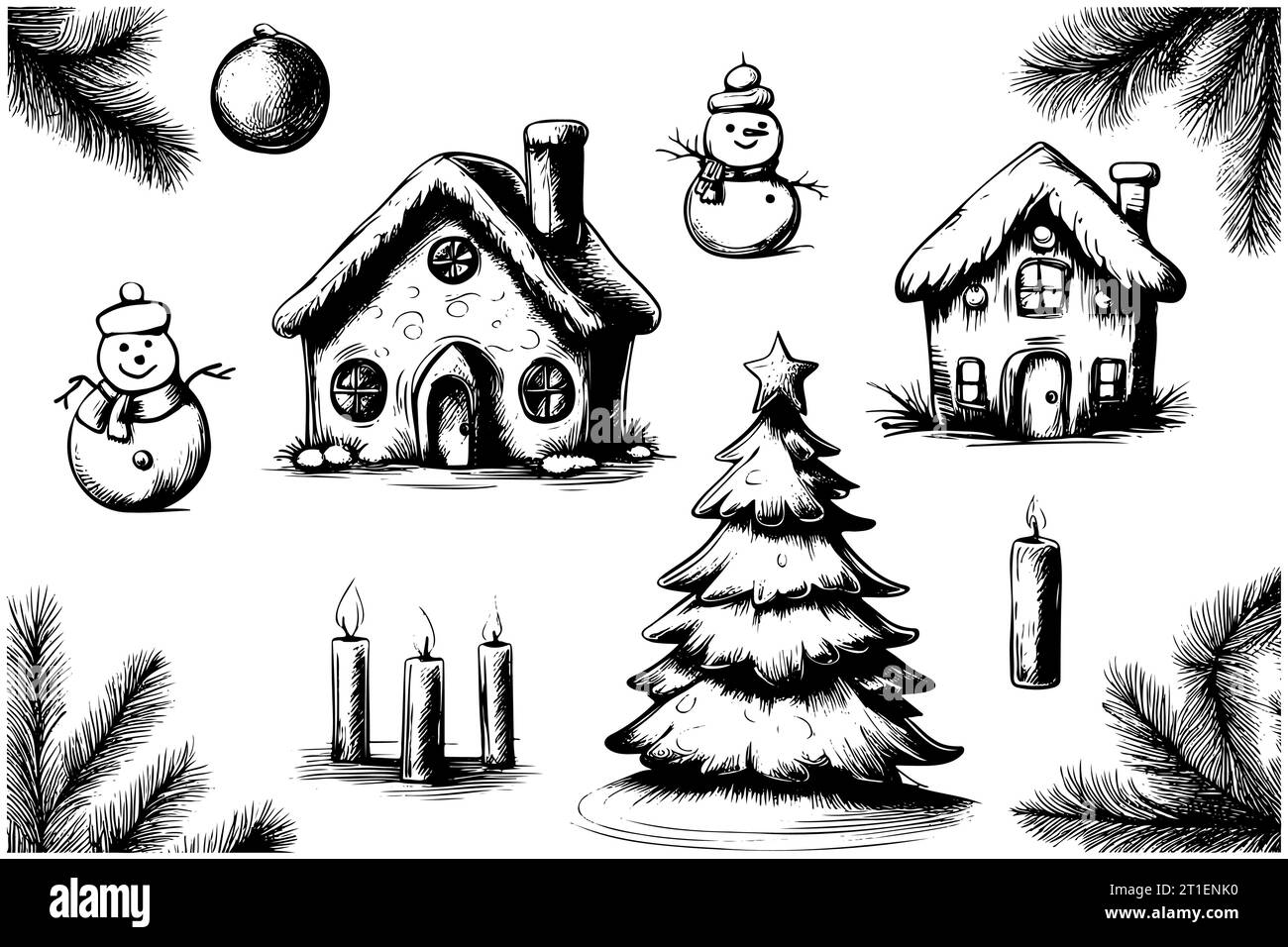 sketch Christmas hand drawn decorations, vector elements. Traditional ...