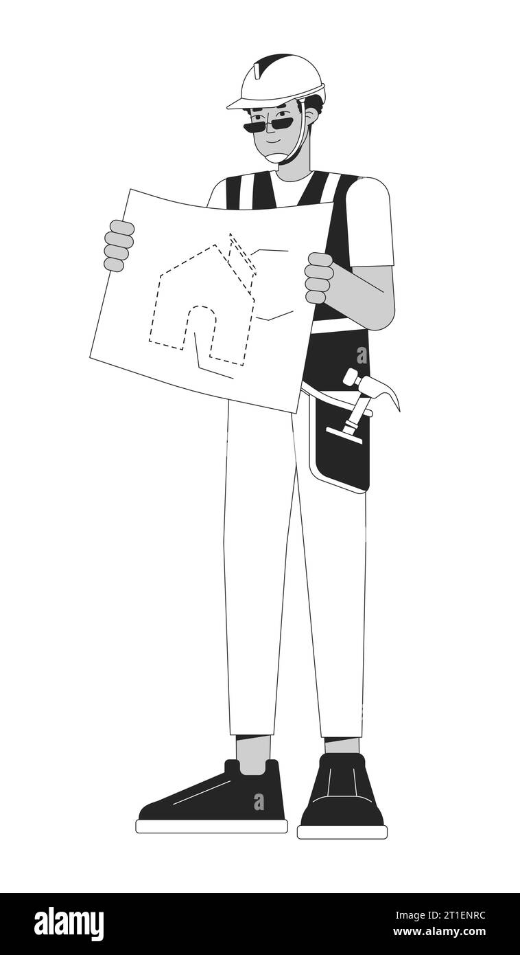Home builder holding blueprint black and white 2D line cartoon character Stock Vector Image ...