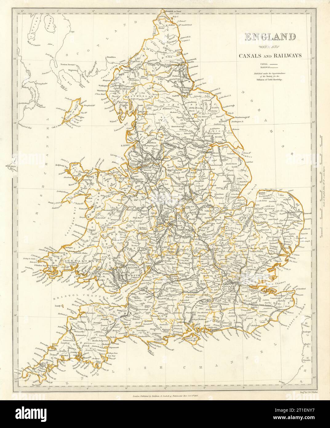 ENGLAND AND WALES. Canals and Railways. SDUK 1844 old antique map plan ...