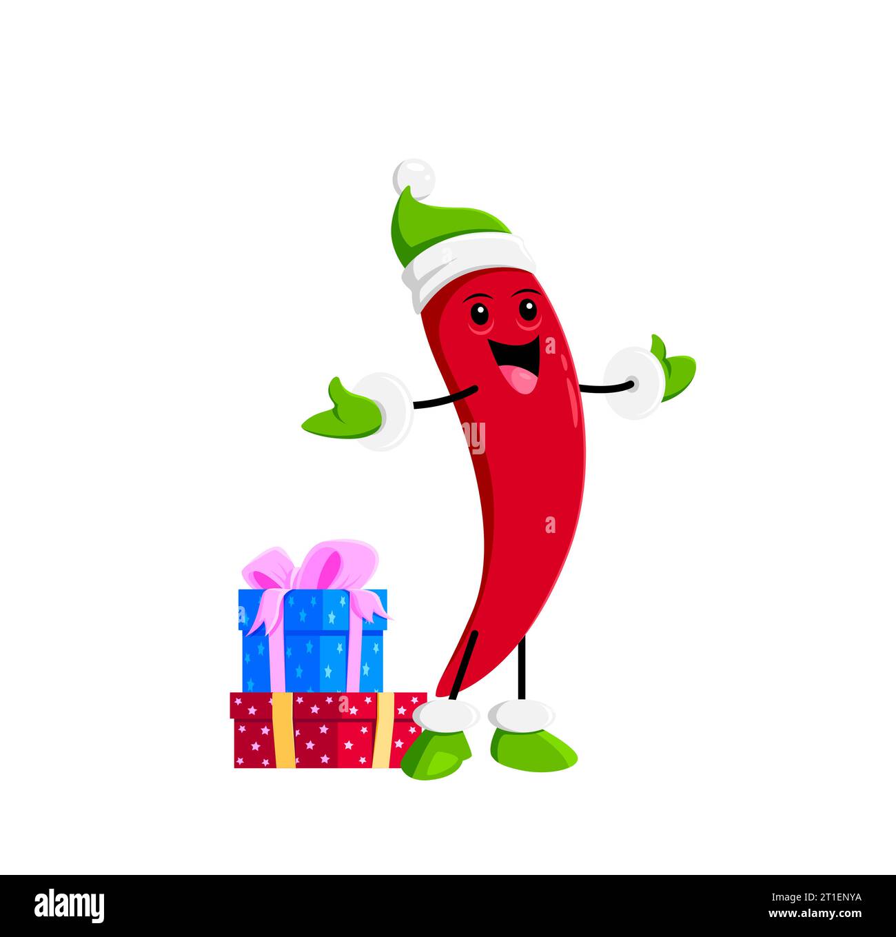 Cartoon chili pepper vegetable character with gifts. Isolated vector ...