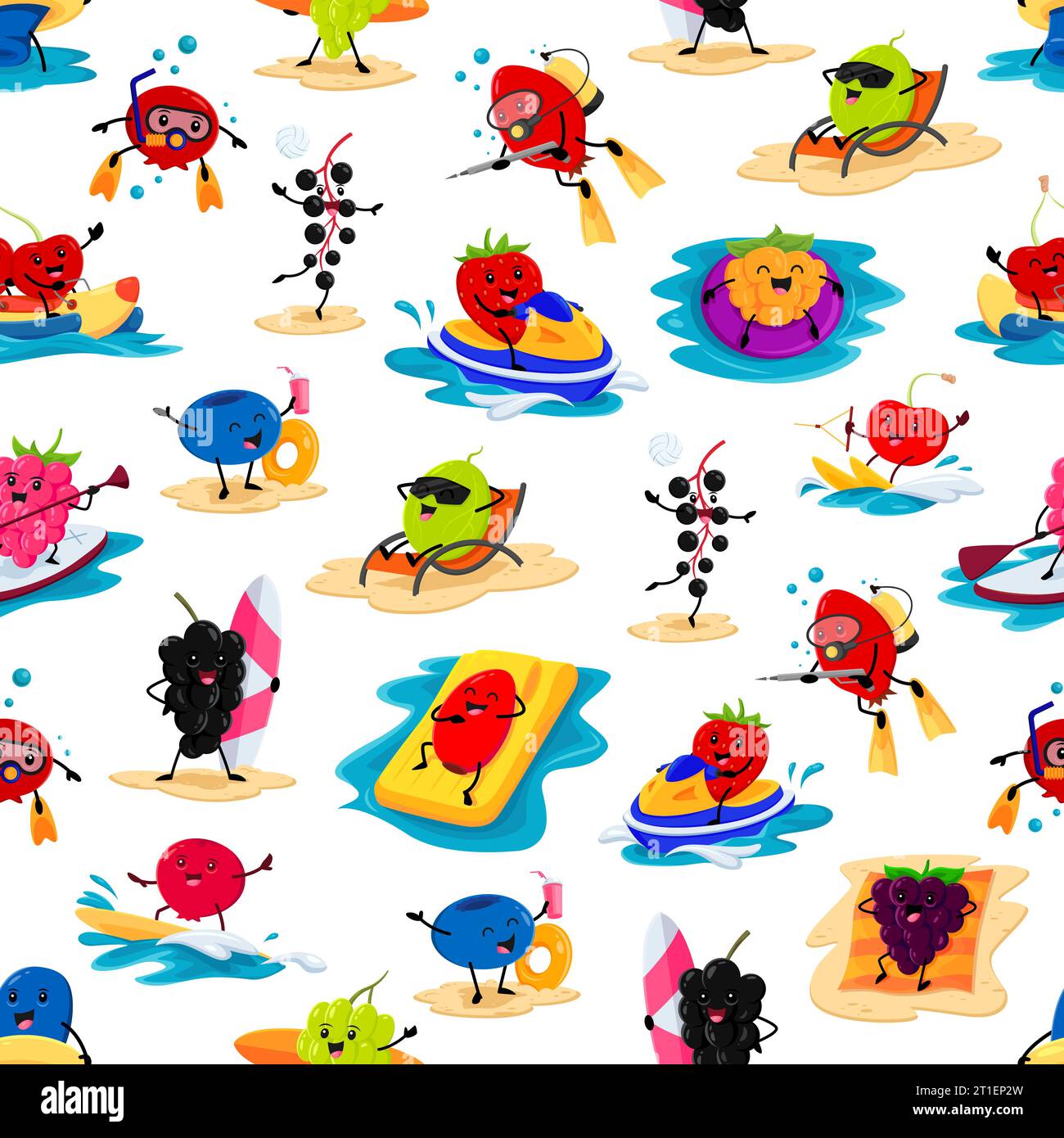 Cartoon berry character on summer vacation seamless pattern. Vector ...