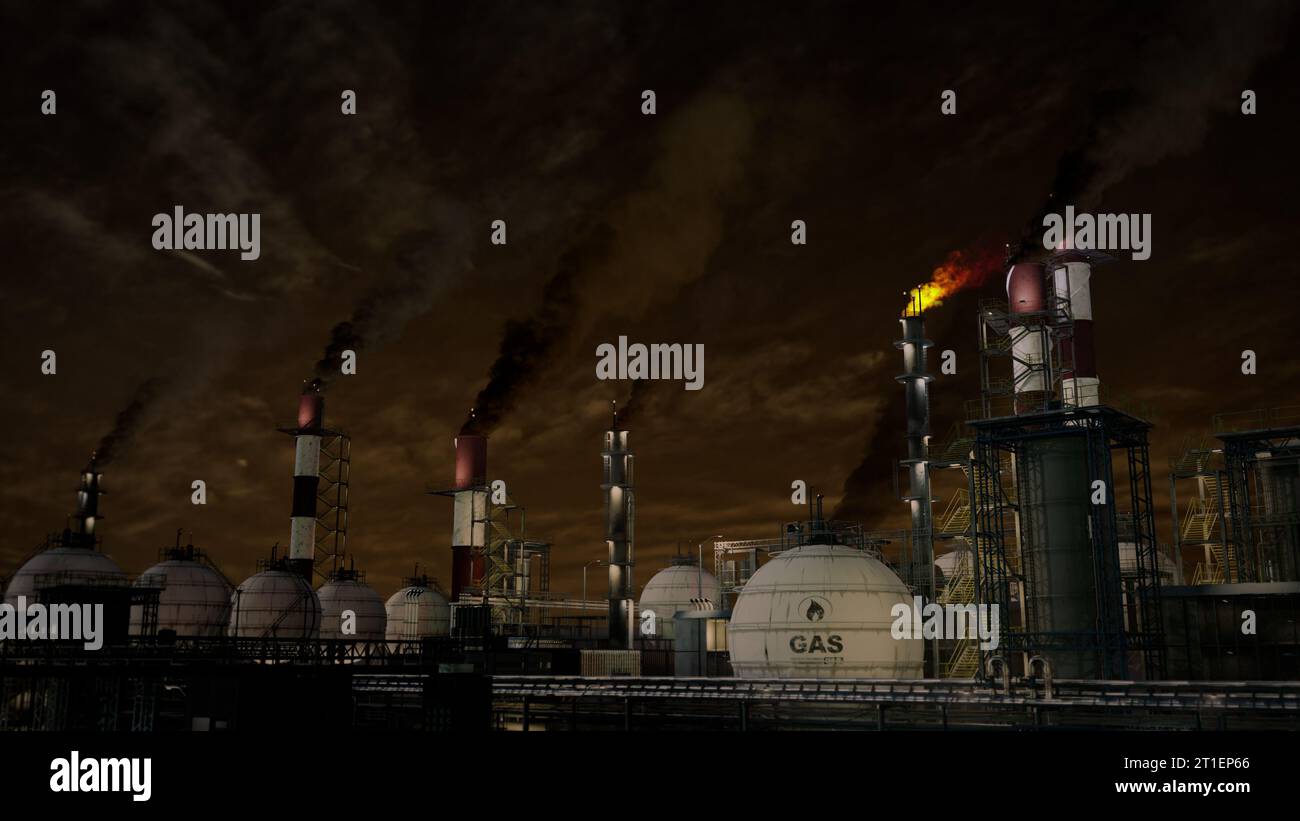 clear gas power plant with storages at night, fictitious - industrial ...