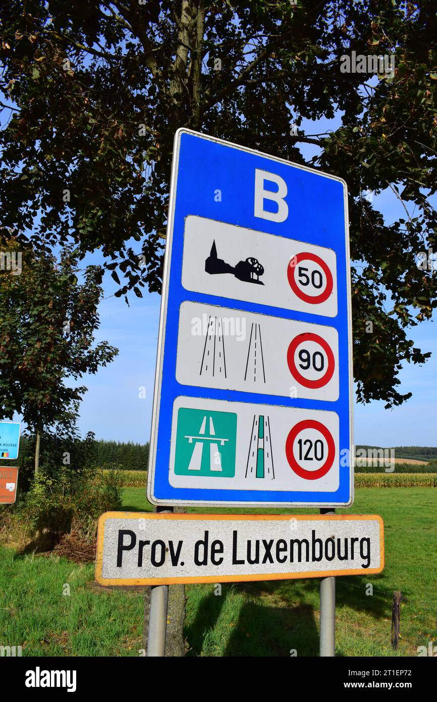 border signs entering Gouvy, Belgium from Luxembourg Stock Photo - Alamy