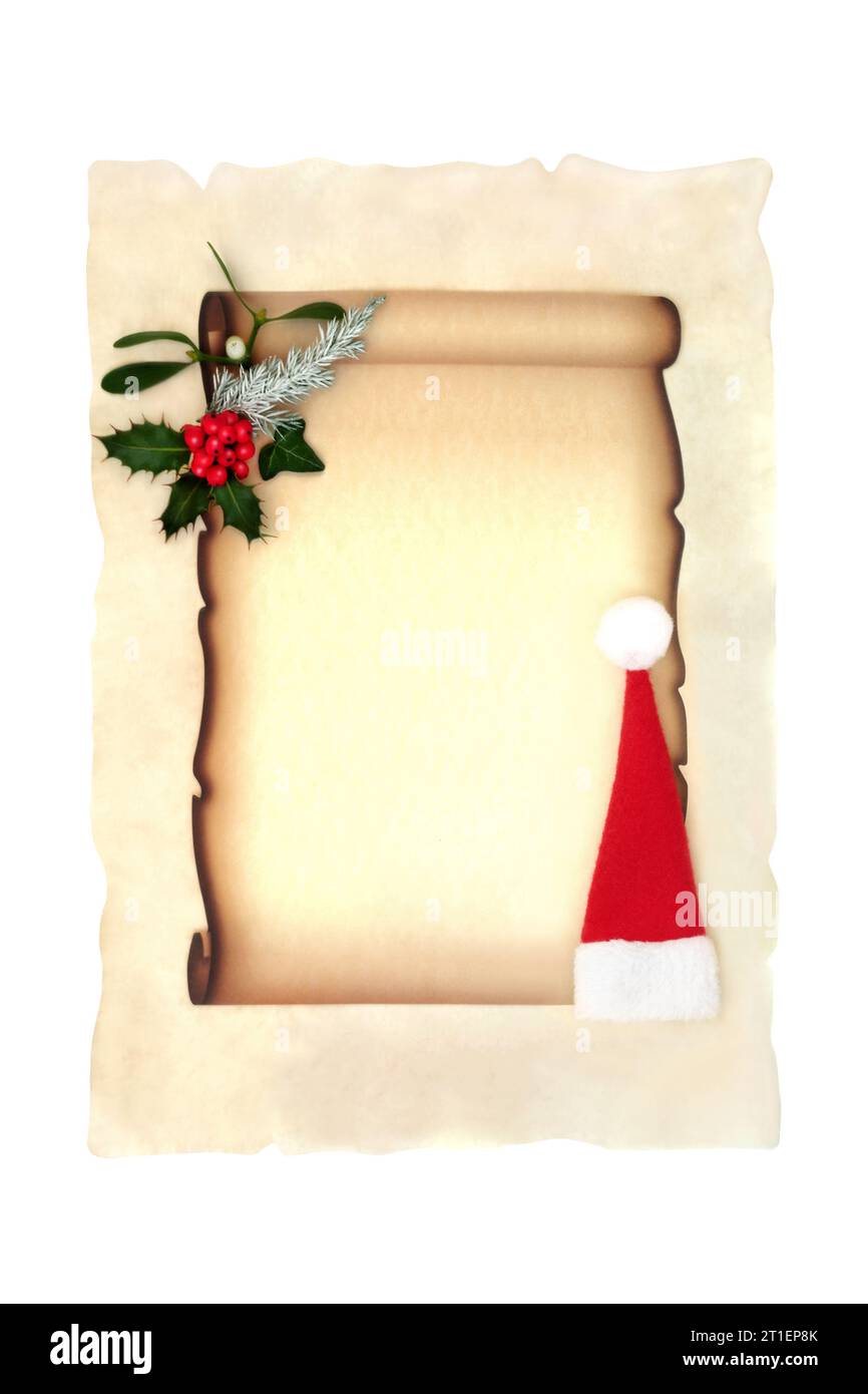 Christmas Eve scroll on parchment paper and white background with santa ...