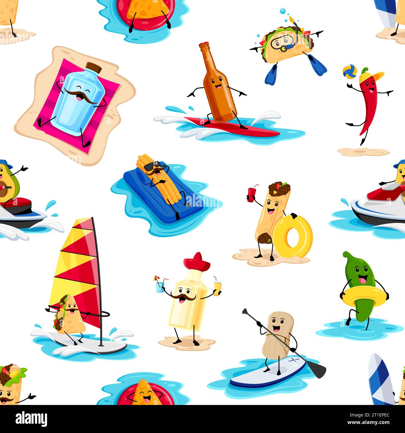 Cartoon tex mex food characters seamless pattern. Vector pulque ...