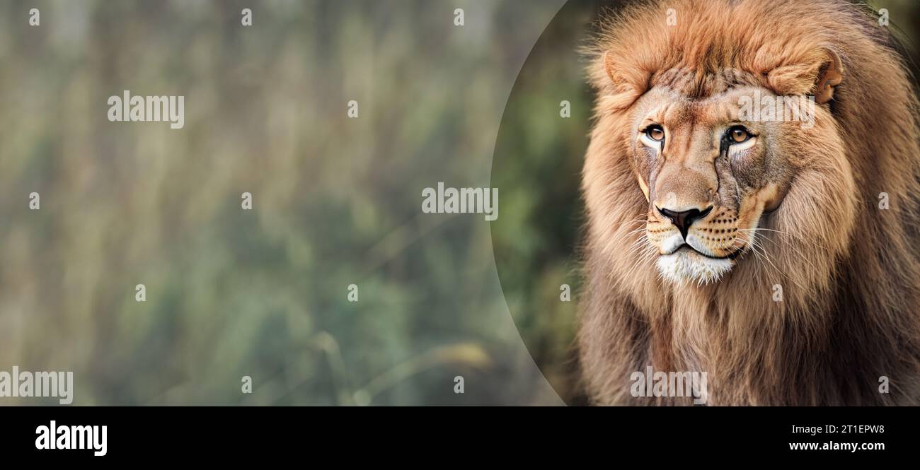 Portrait of an adult lion, with a stern look. Close-up of the lion king ...