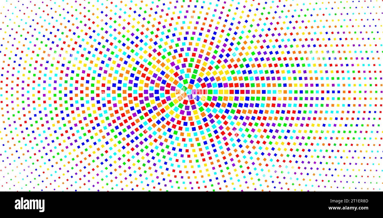 Radial mosaic in rainbow colors of square tiles decreasing towards the ...