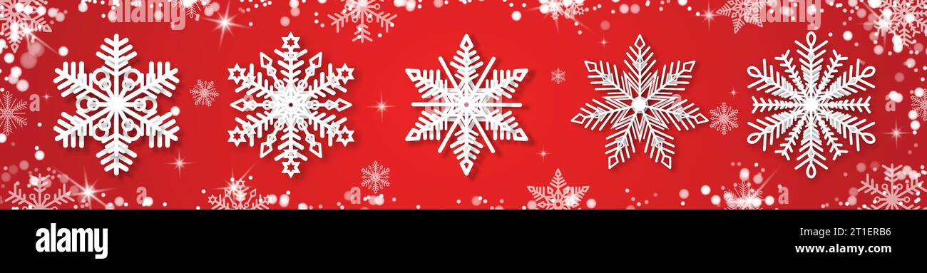 White snowflakes with paper effect on a red background for winter ...