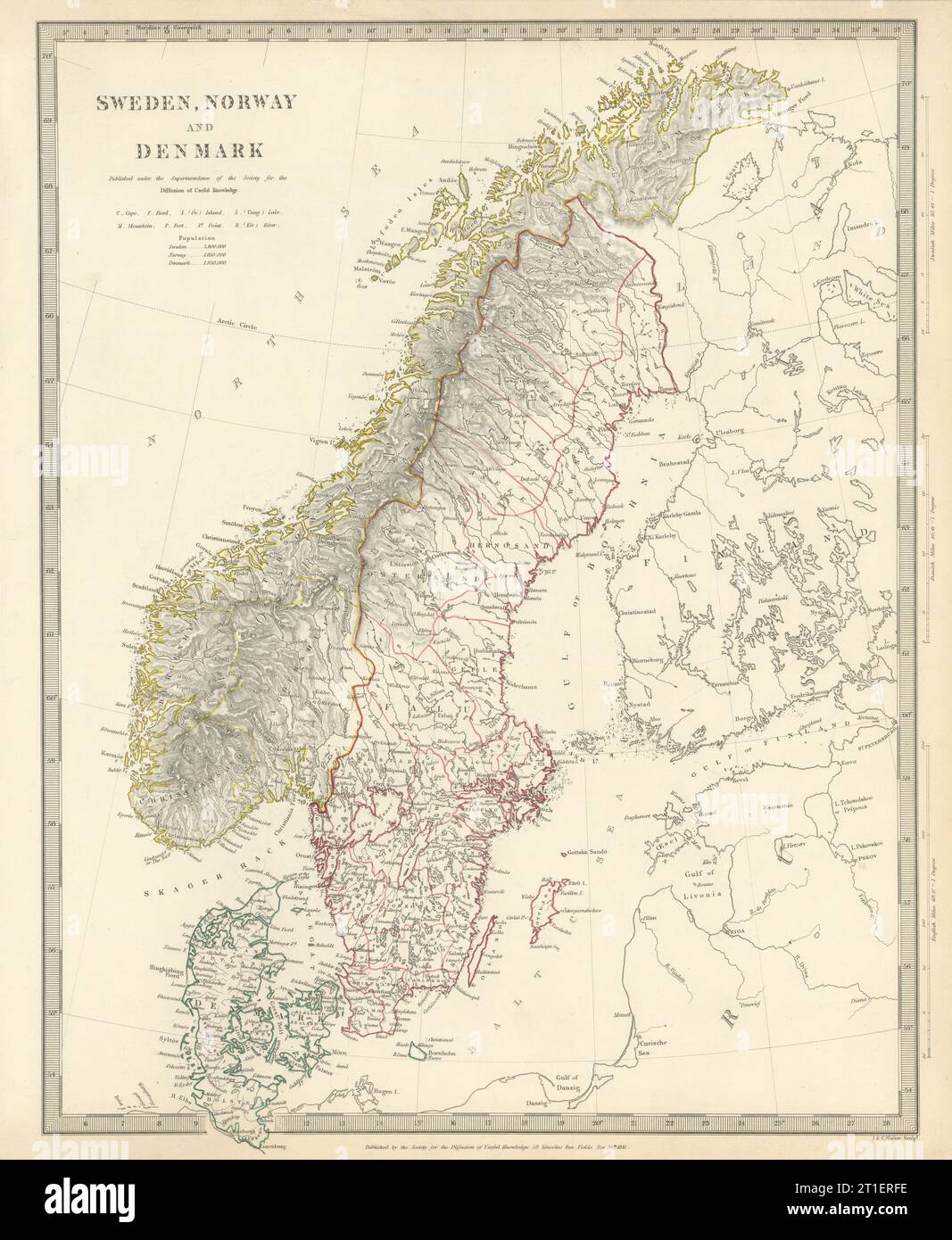 SCANDINAVIA. Sweden, Norway, and Denmark. Population table. SDUK 1844 ...
