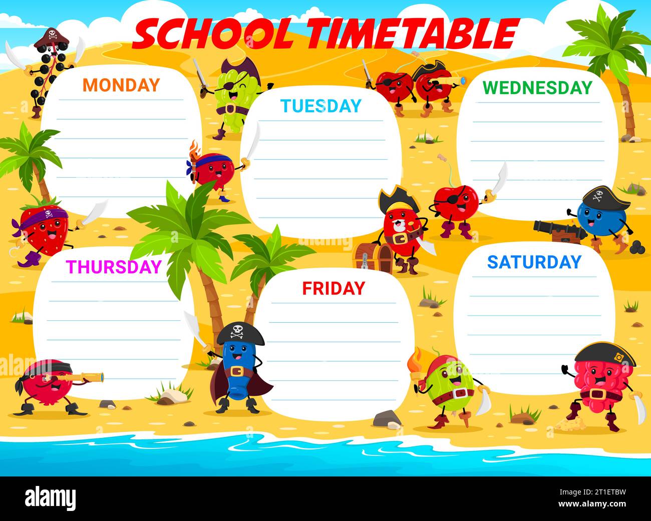 Education timetable schedule with cartoon berry pirates and corsairs on ...
