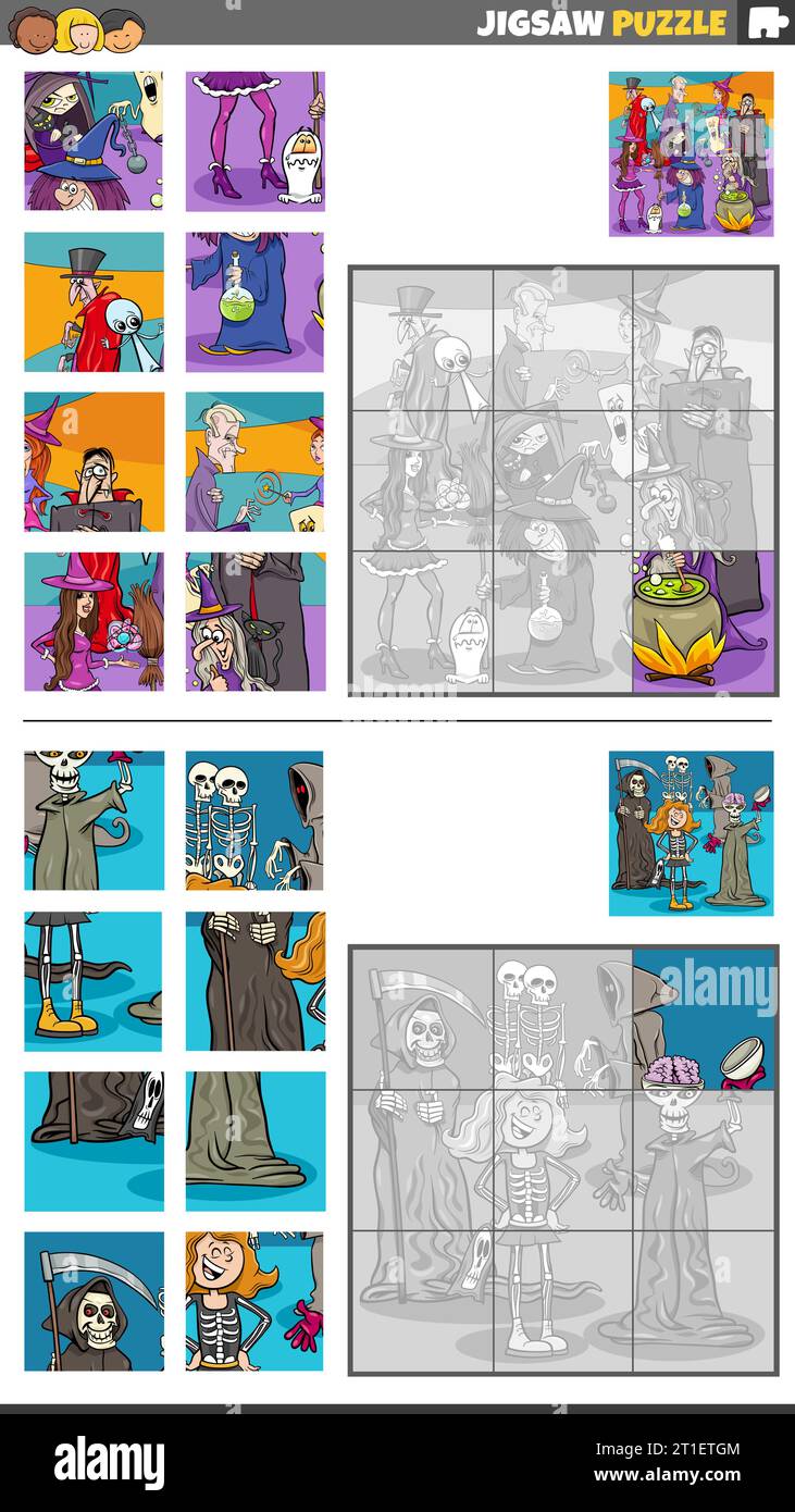 Cartoon illustration of educational jigsaw puzzle activities set with ...