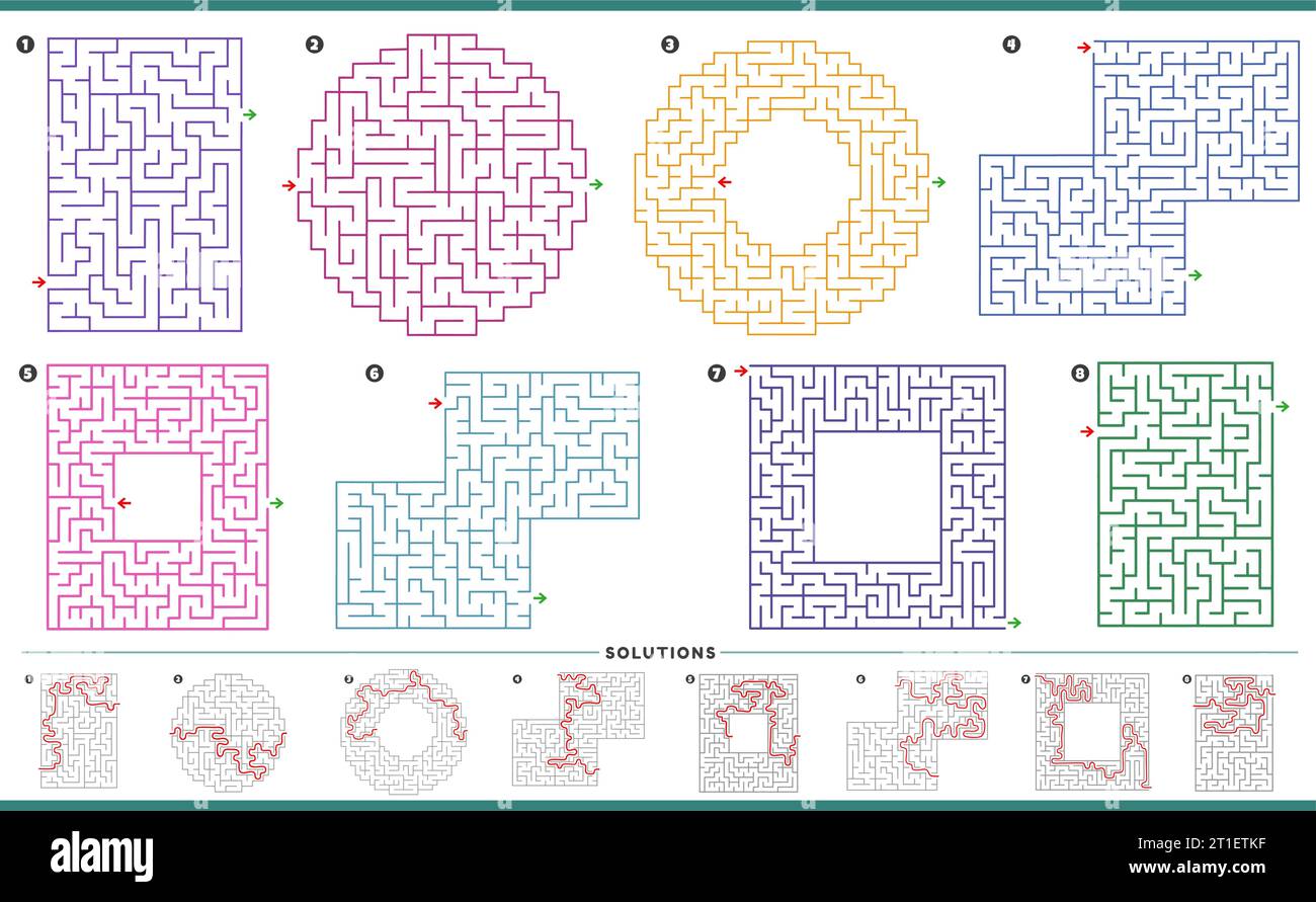 Illustration Of Maze Puzzle Activities Graphs Set With Solutions Stock Vector Image And Art Alamy 