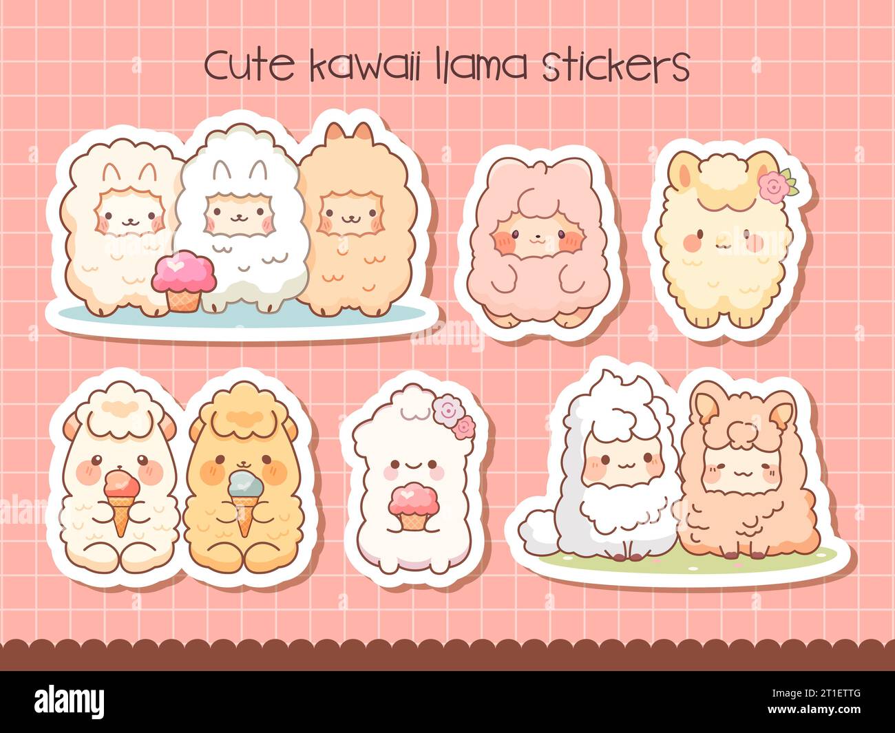 Cute kawaii llamas with ice cream sticker sheet. Vector illustrtaion ...
