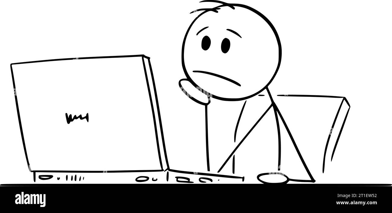Frustrated Office Worker Working on Computer, Vector Cartoon Stick ...