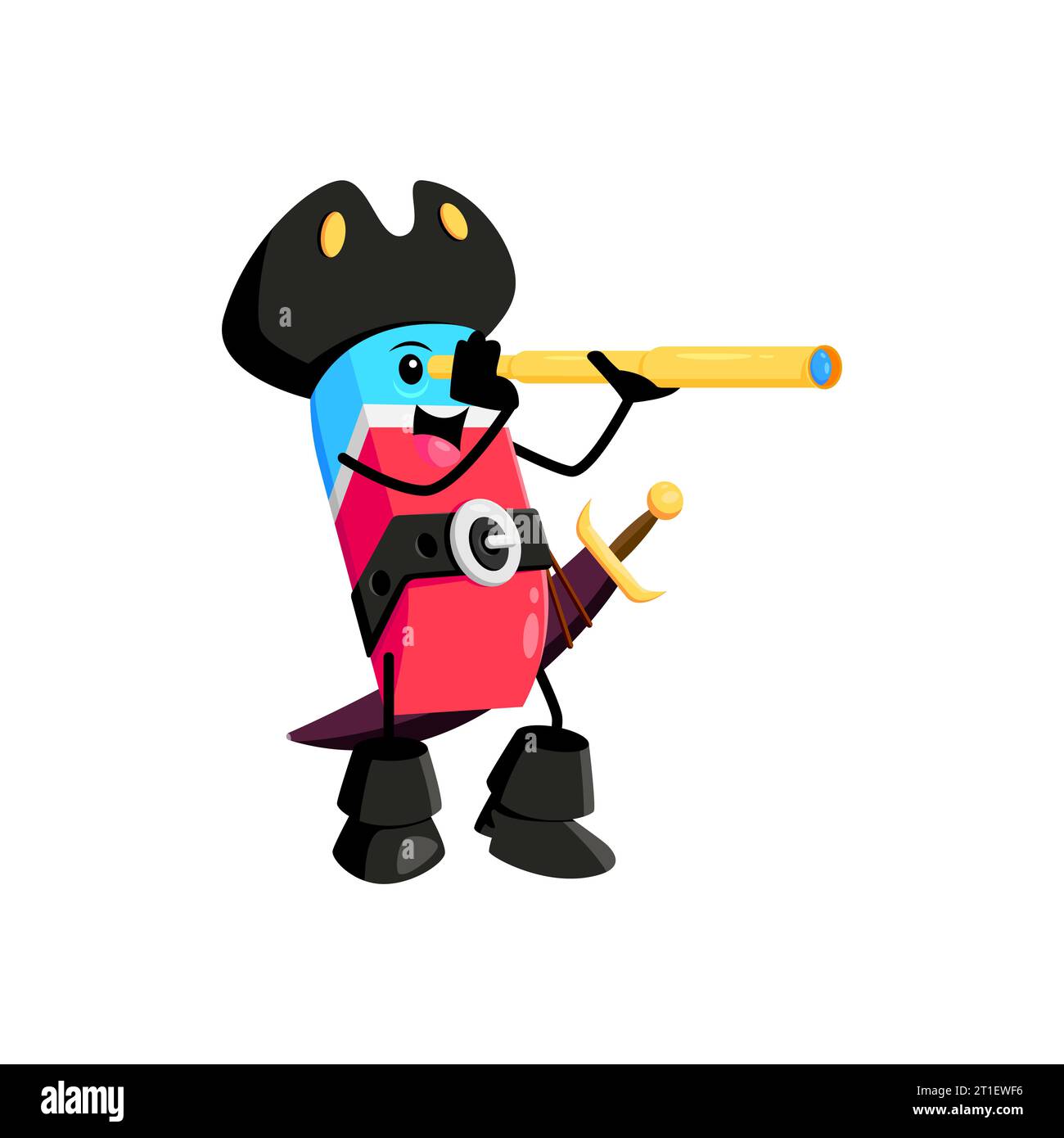 Cartoon eraser school supply pirate and corsair character with spyglass. Isolated vector student ...