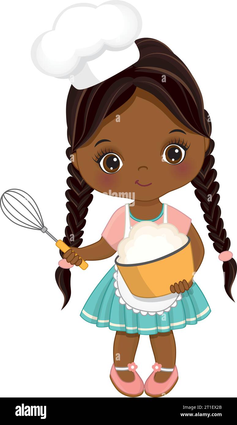 Vector Cute Little Chef Baking. Vector Little Black Girl Baking Stock ...
