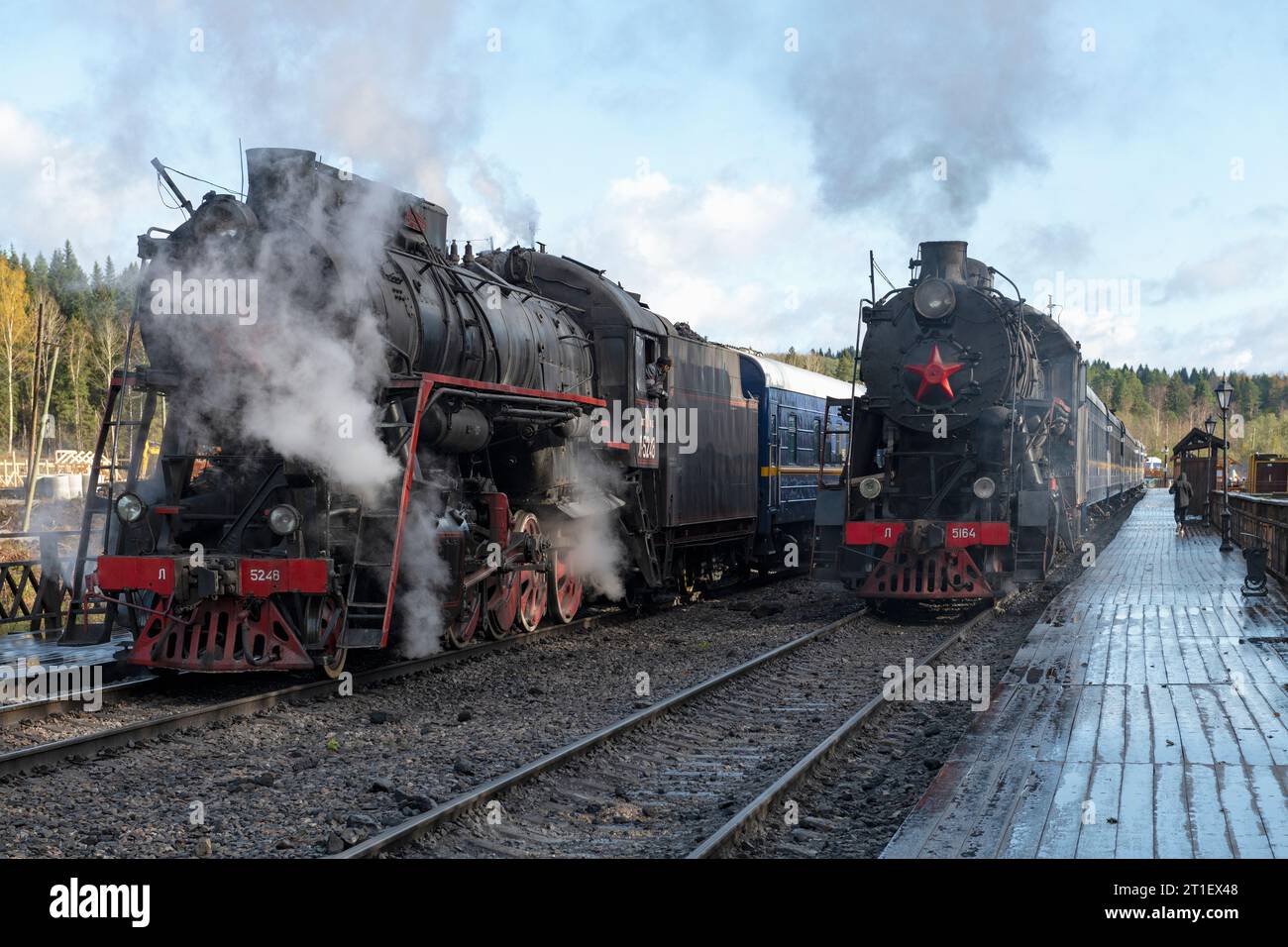 RUSKEALA, RUSSIA - OCTOBER 06, 2023: Two old steam locomotives of the ...