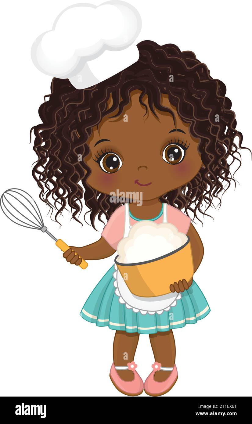 Vector Cute Little Chef Baking. Vector African American Girl Playing ...