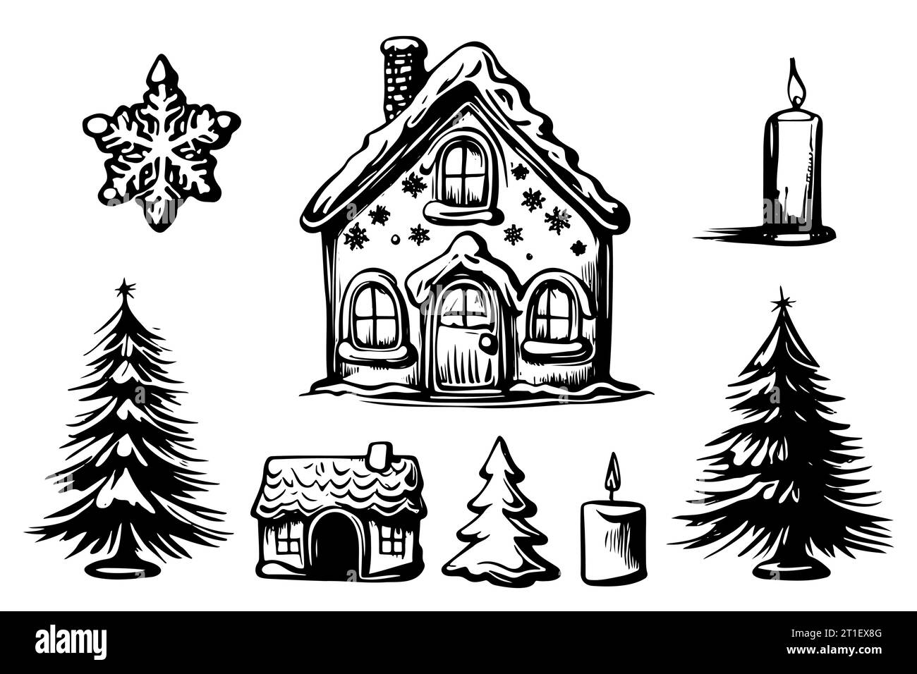 Christmas Greeting card. ketch Set of hand drawn buildings with fir ...