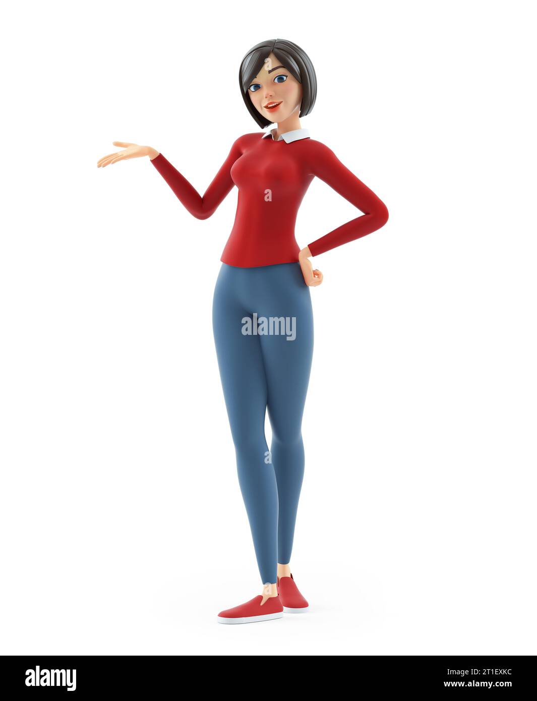 3d casual girl presenting pose, illustration isolated on white ...