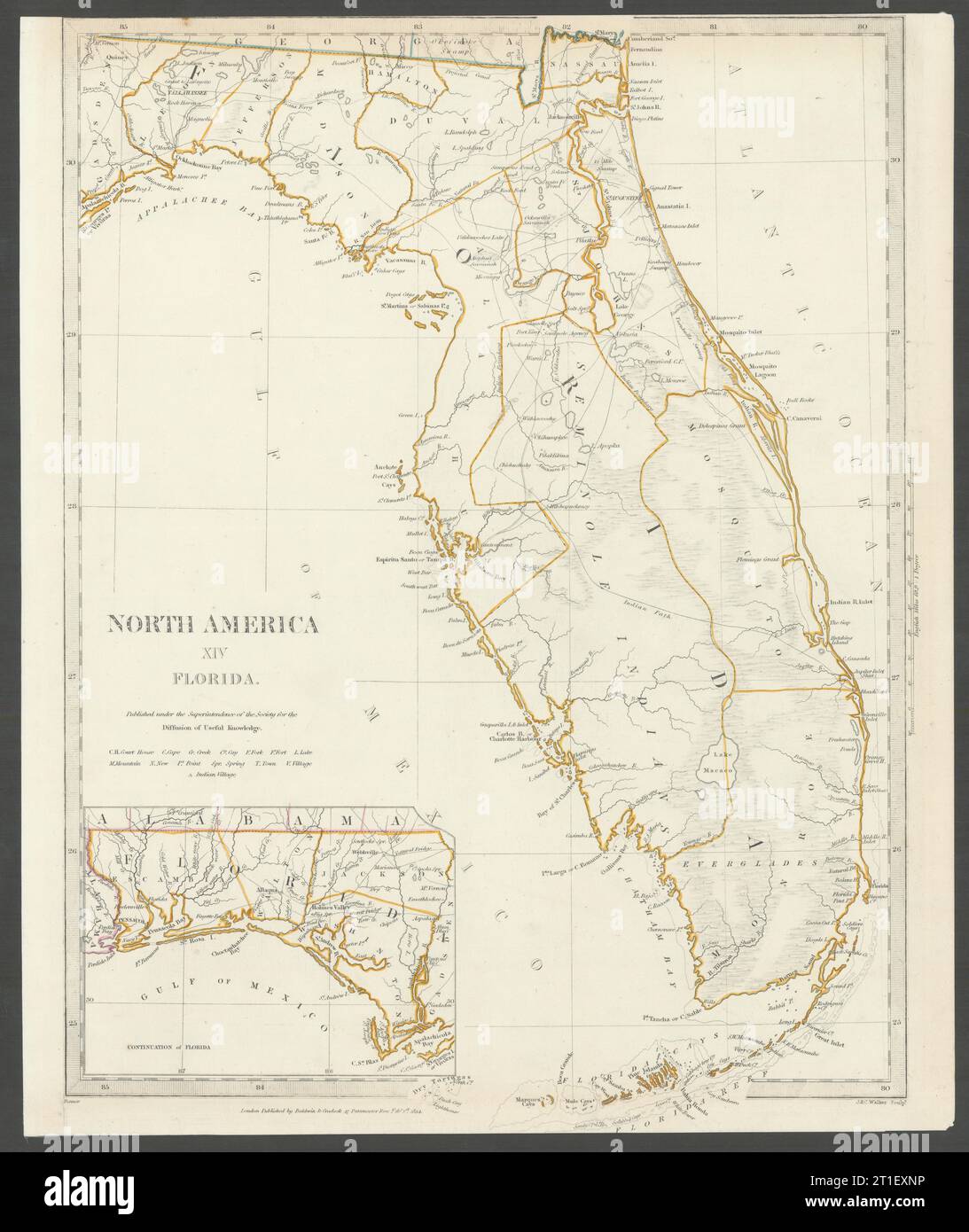 FLORIDA. Showing Seminole Indian reservation & villages.SDUK 1844 old ...