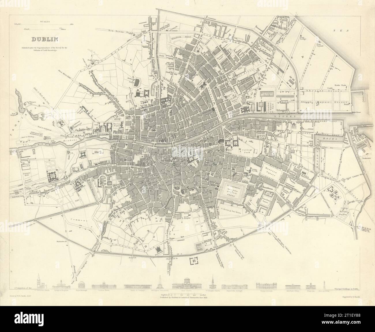 DUBLIN. Antique town city map plan. Key buildings profiles. SDUK 1844 ...