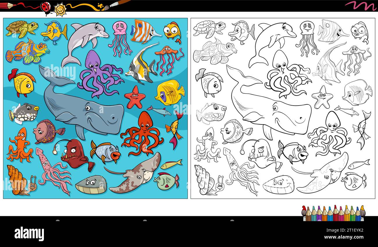 Cartoon illustration of fish and sea life animal characters group ...