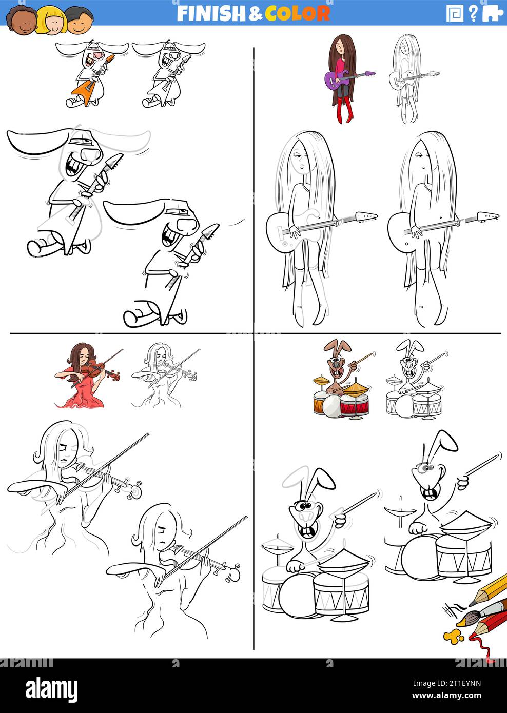 Cartoon illustration of drawing and coloring educational worksheets set ...