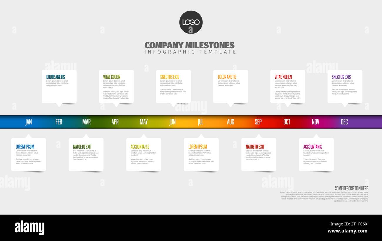 Full year rainbow timeline template with months texts in white speech ...