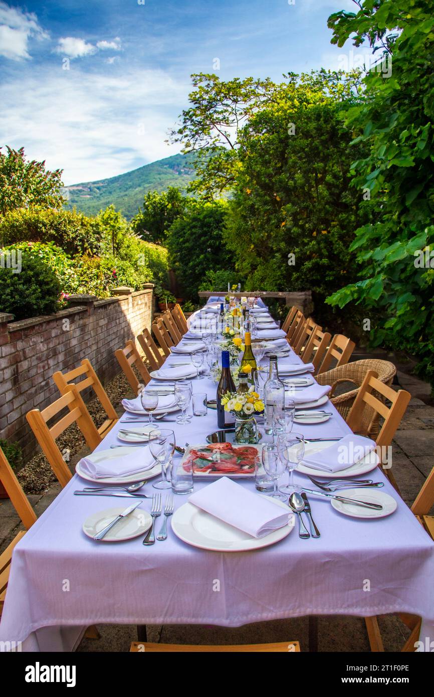 A large summertime table setting for an outside garden party, with ...