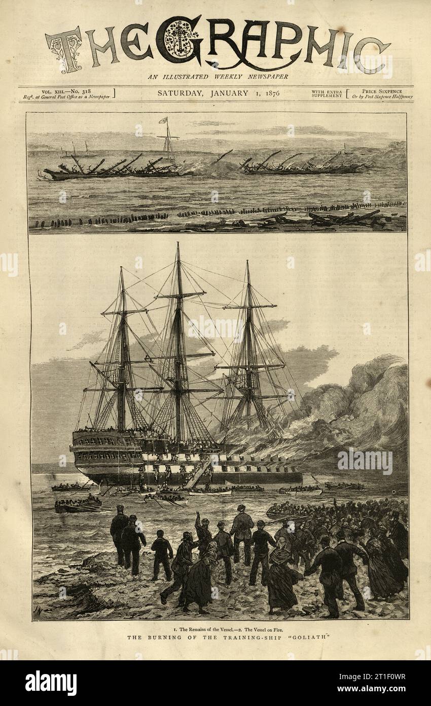 Burning of the Royal navy trainging ship HMS Goliath while at anchor in ...