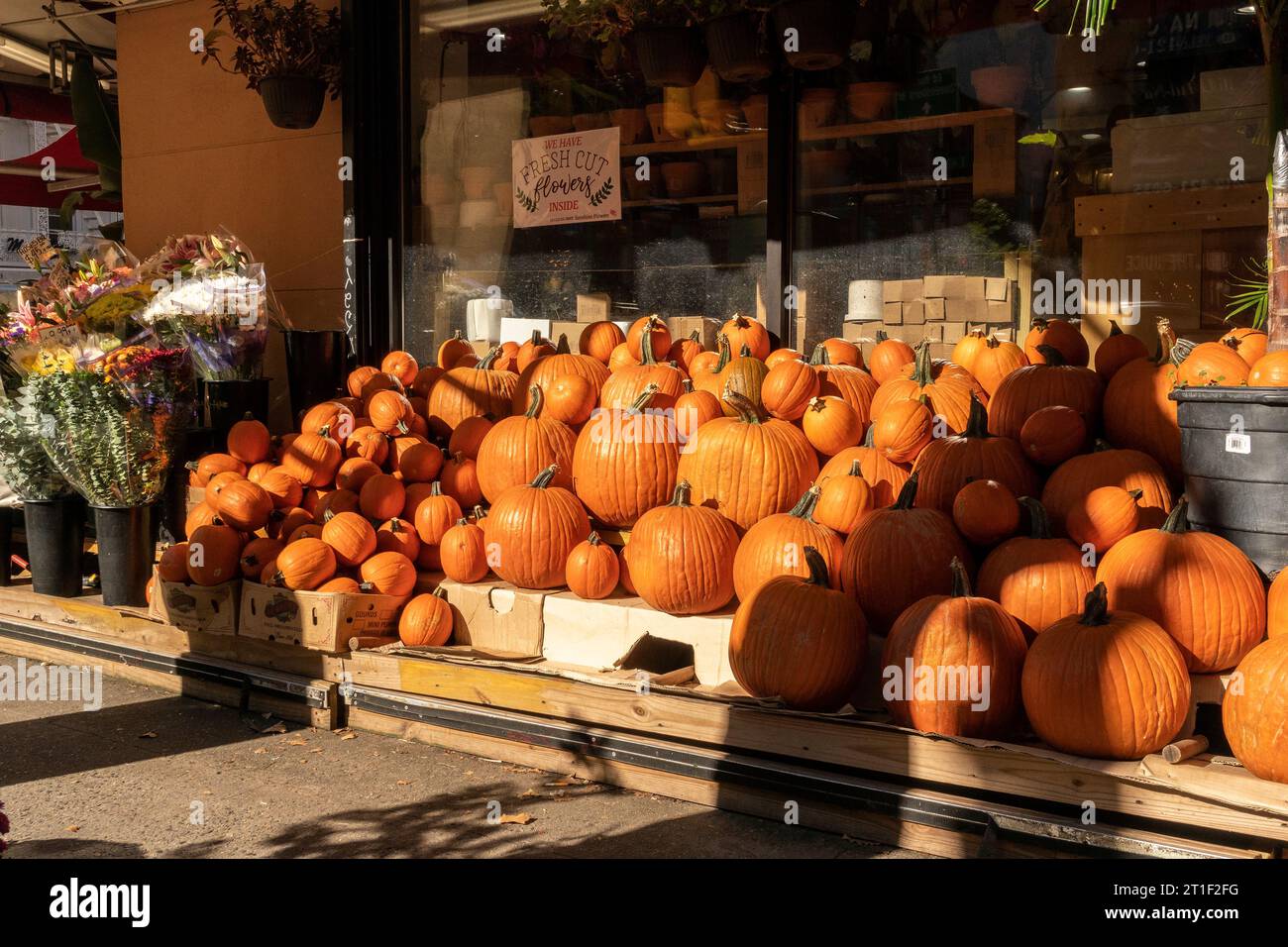 Halloween pumpkins in front of a grocery on the Upper East Side in New ...