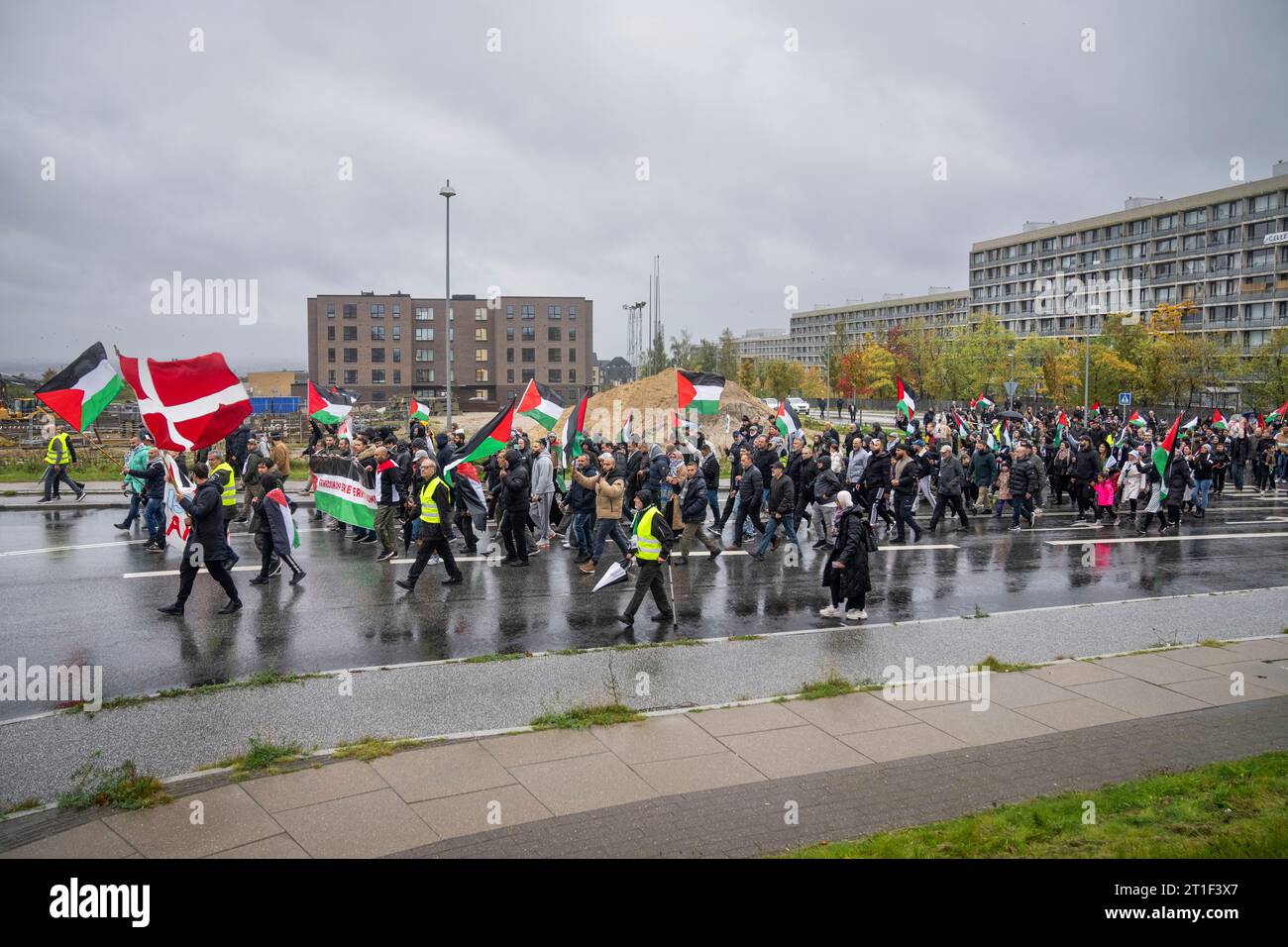 Demonstrators display Palestinian and Danish flags during a pro ...