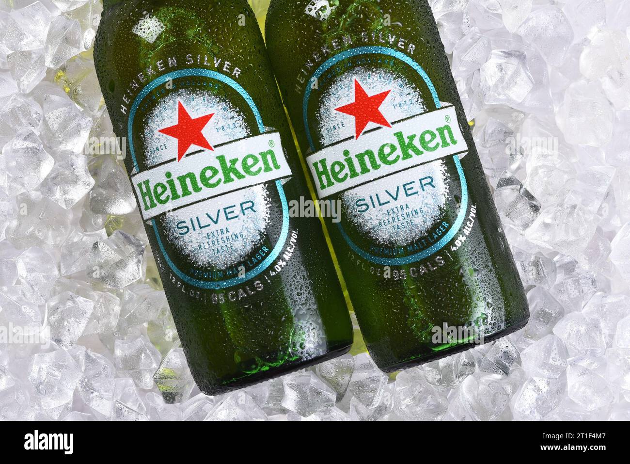 IRVINE, CALIFORNIA - 9 OCT 2023: Closeup of two bottles of Heineken ...