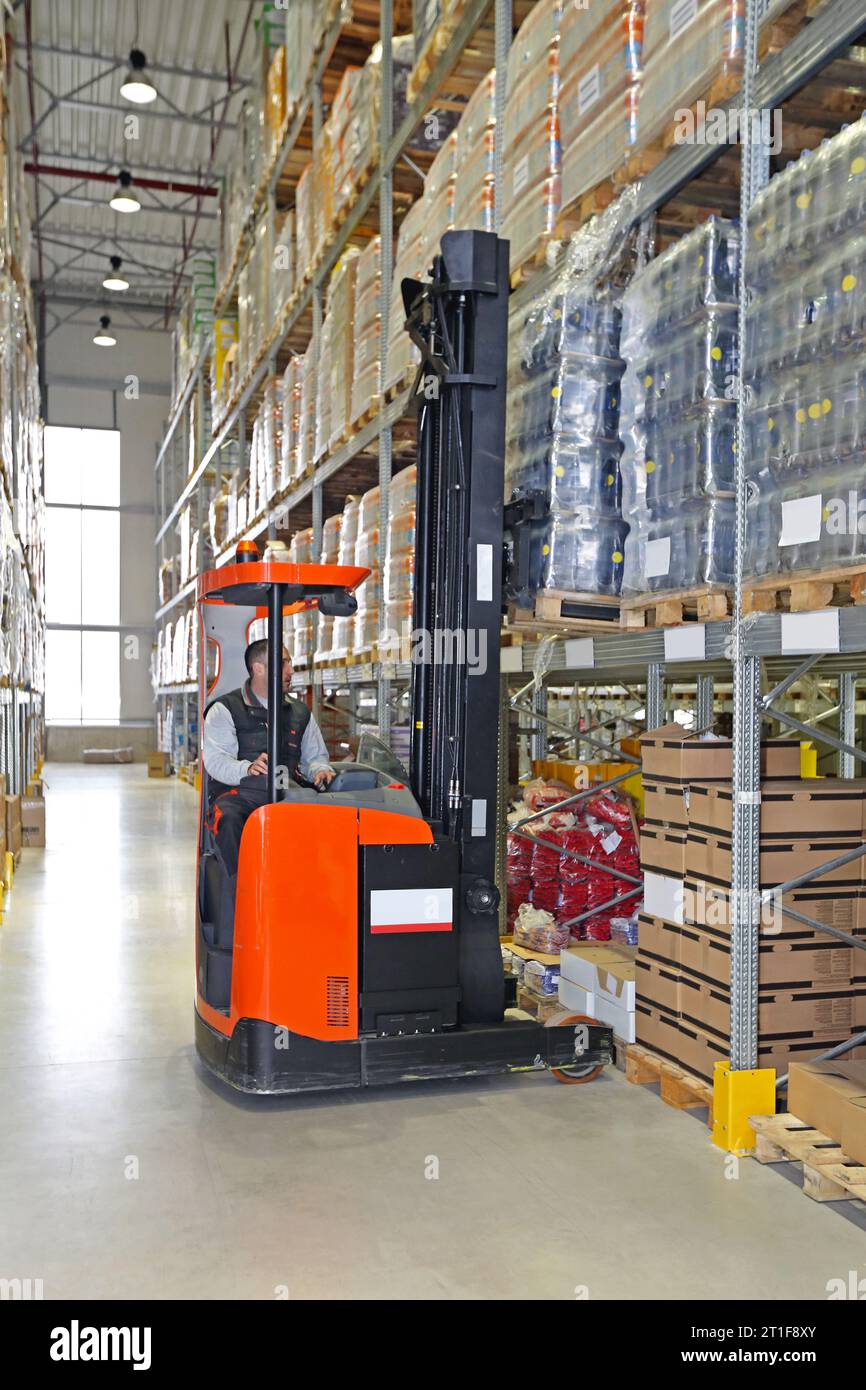 Forklift Loading Pallet With Goods in Distribution Warehouse Stock ...