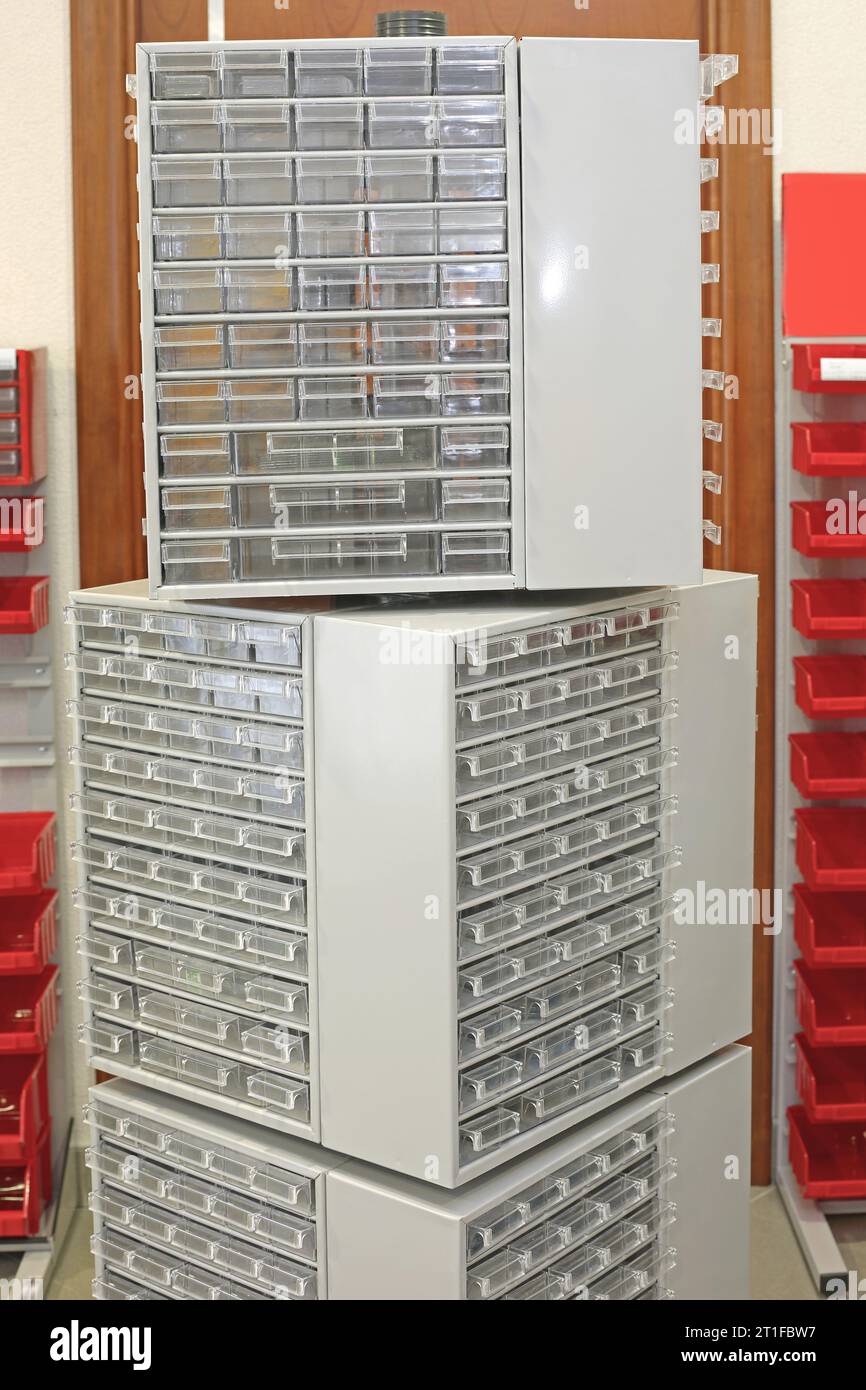 Small Transparent Drawers for Parts in Rotating Tower Cabinet Stock ...