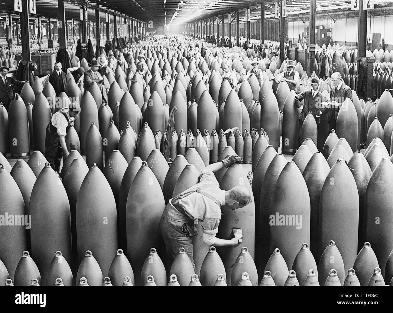 Munition workers painting shells at the National Shell Filling Factory ...