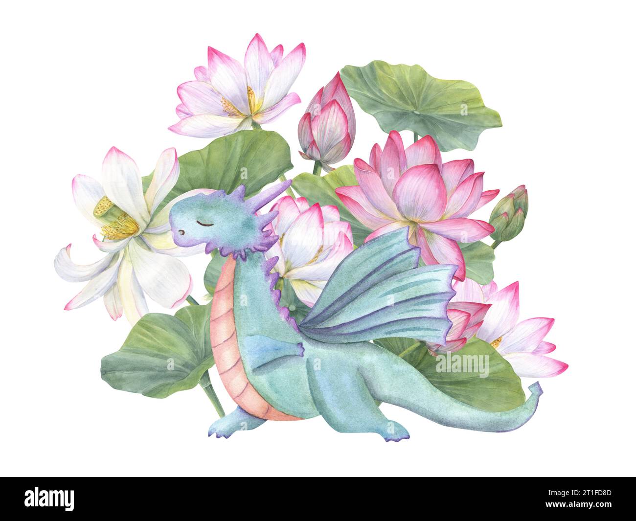 Dragon standing in triangle pose among blooming water lilies. Animal ...