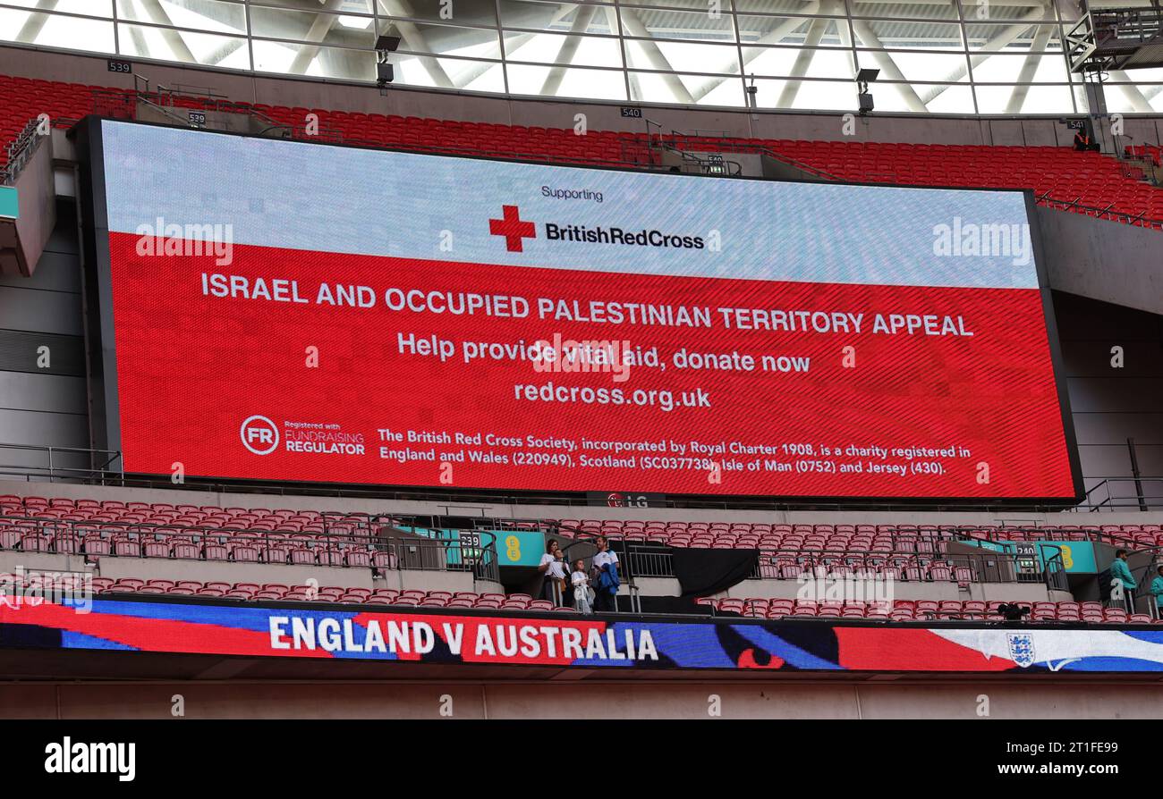 London, UK. 13th Oct, 2023. A Red Cross appeal message for Israel and ...