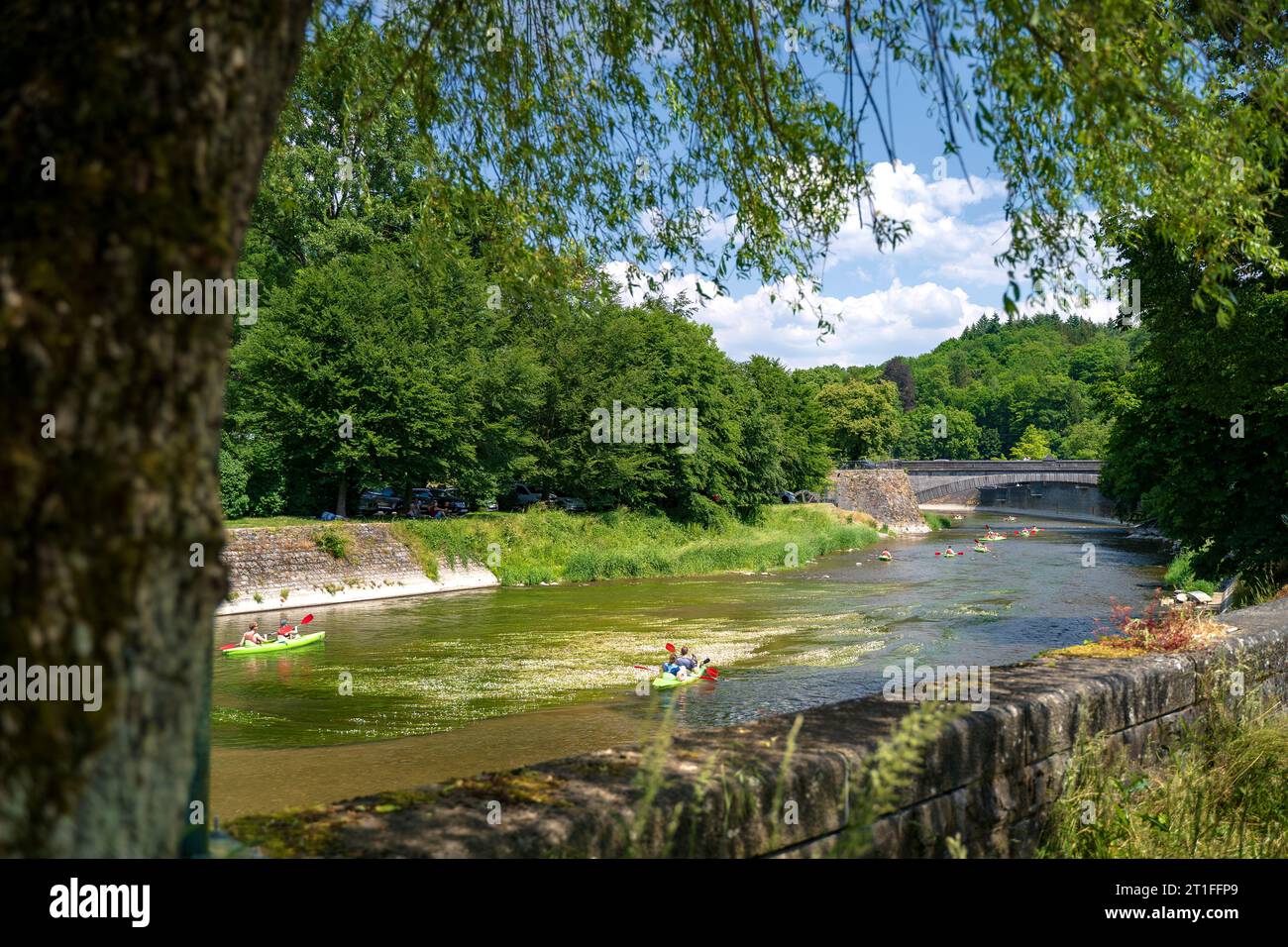 Canoe and kayak on the river Ourthe passing the village of Durbuy in ...