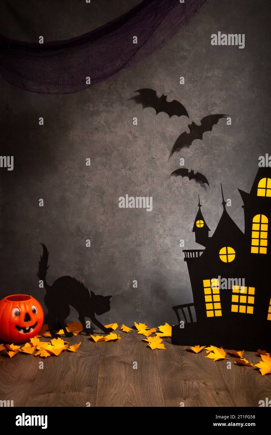 DIY halloween studio set backdrop with orange pumpkin head, bats, black ...
