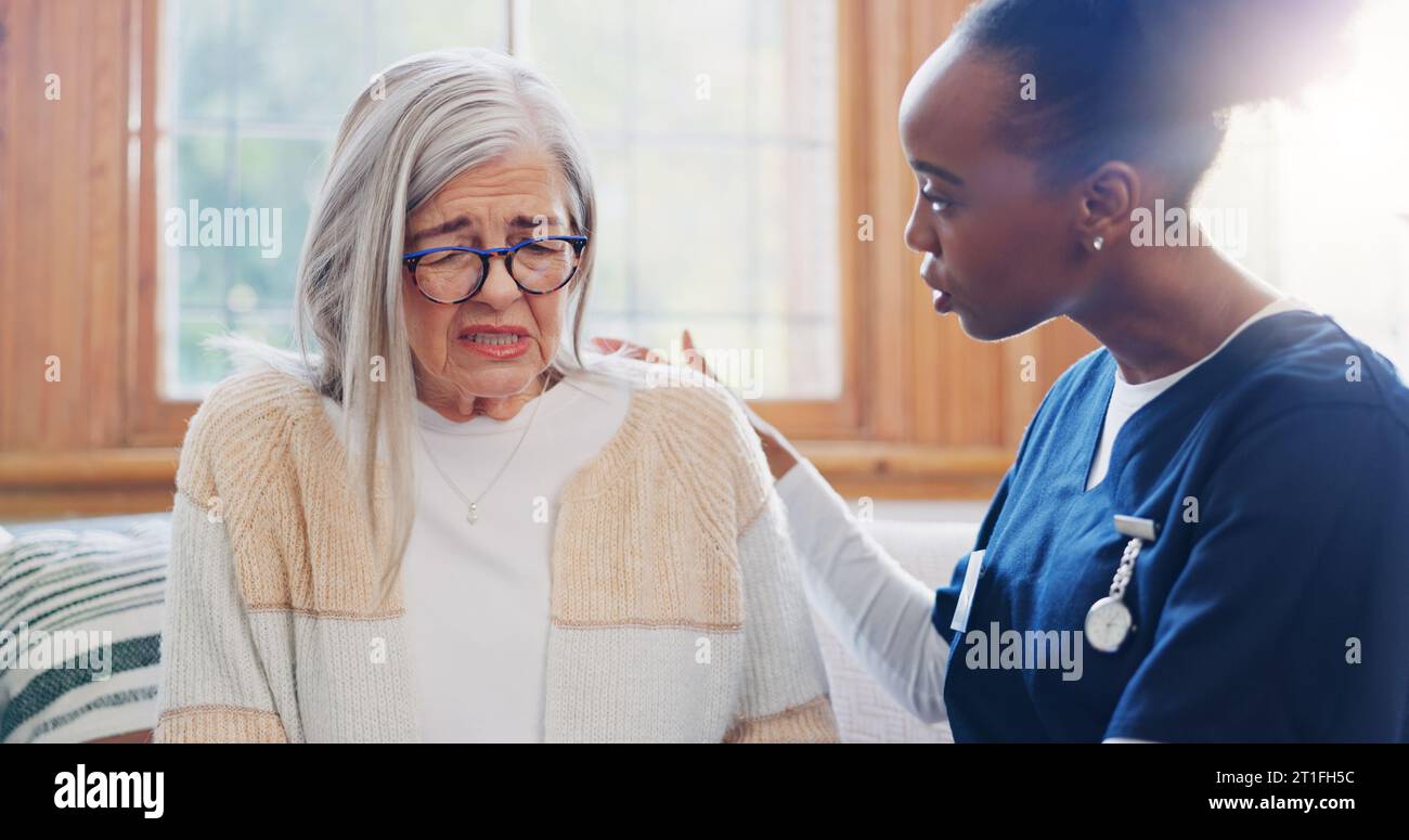 Mature, sad woman or nurse with support or results in consultation for ...