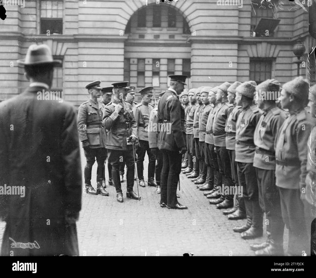 Inspection by Lord Kitchener of Russian officers and men engaged on ...