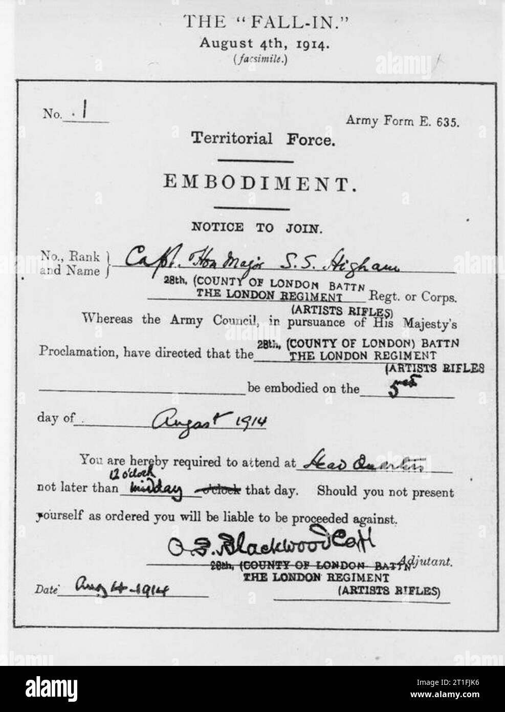The Outbreak of the First World War Territorial Force Embodiment Order ...