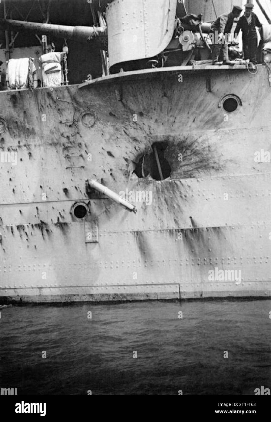 A shell-hole in the side of HMS Chester sustained at the Battle of ...