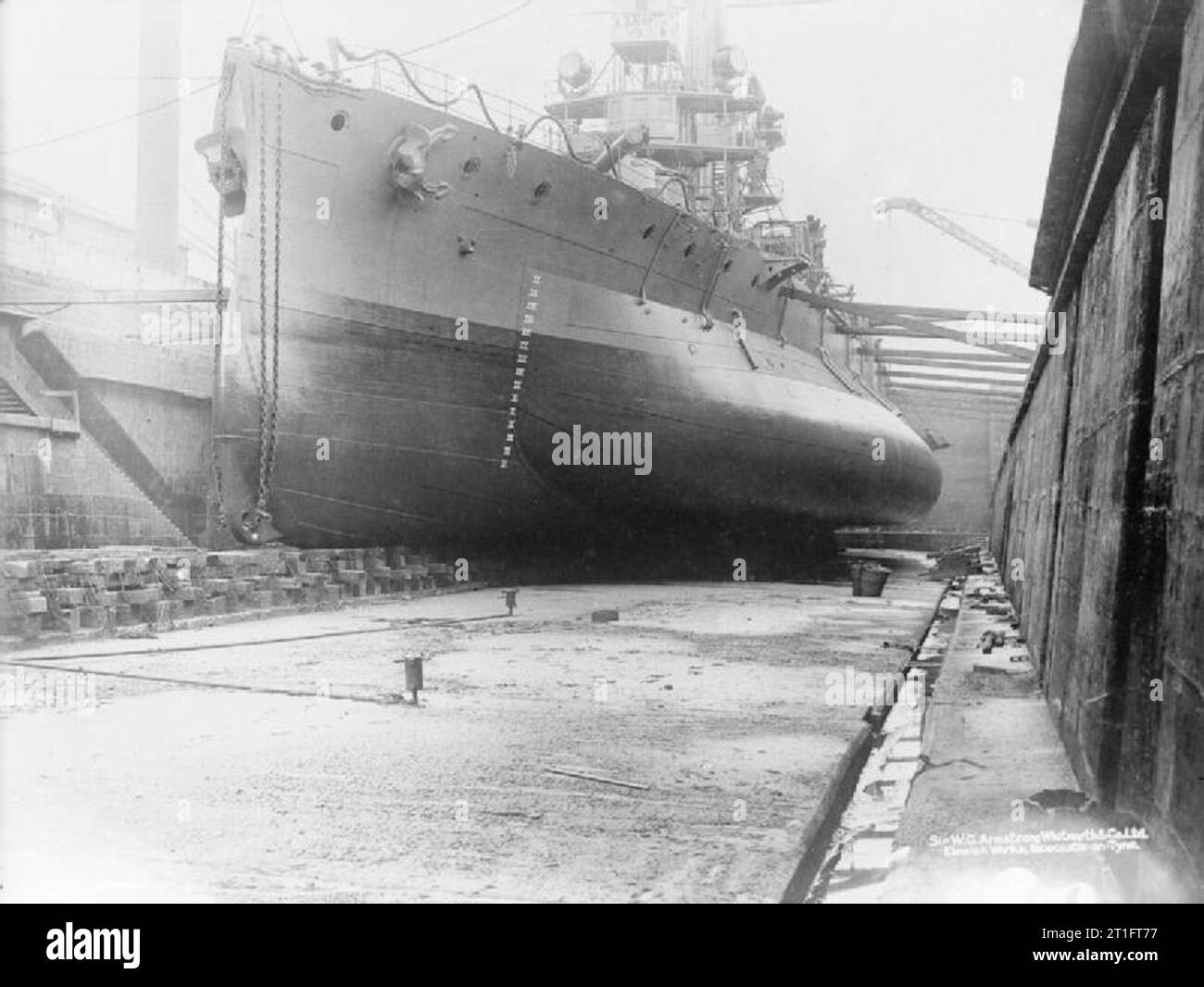. IWM caption : 'The hull of the monitor HMS GLATTON, in dry dock ...